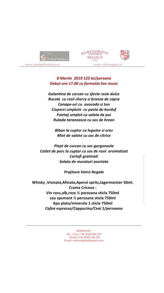 Menu at Vatra Regală, Predeal