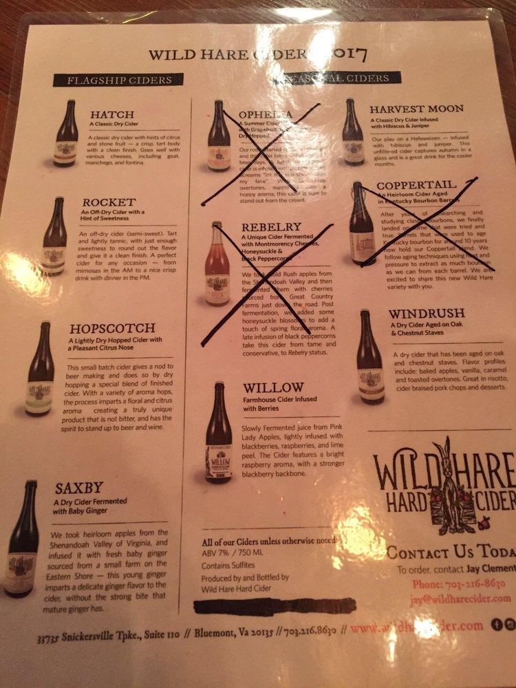 Carta del pub y bar Wild Hare Cider, Leesburg