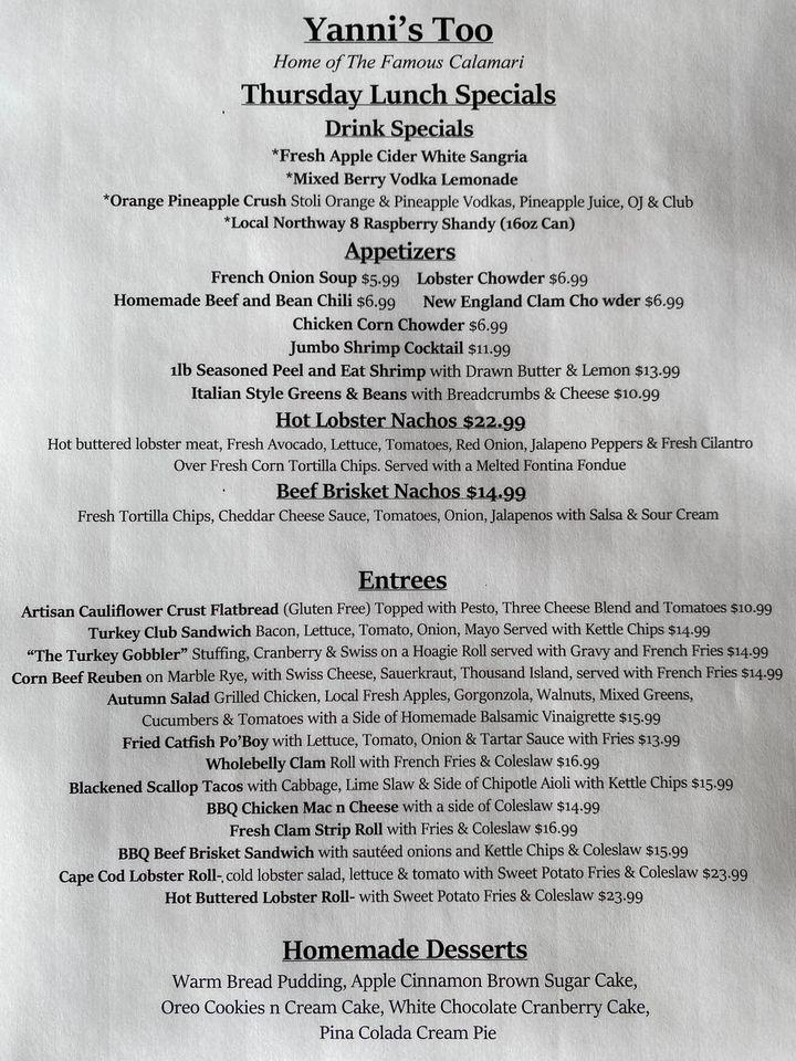 Menu at Yanni's Too restaurant, Coeymans