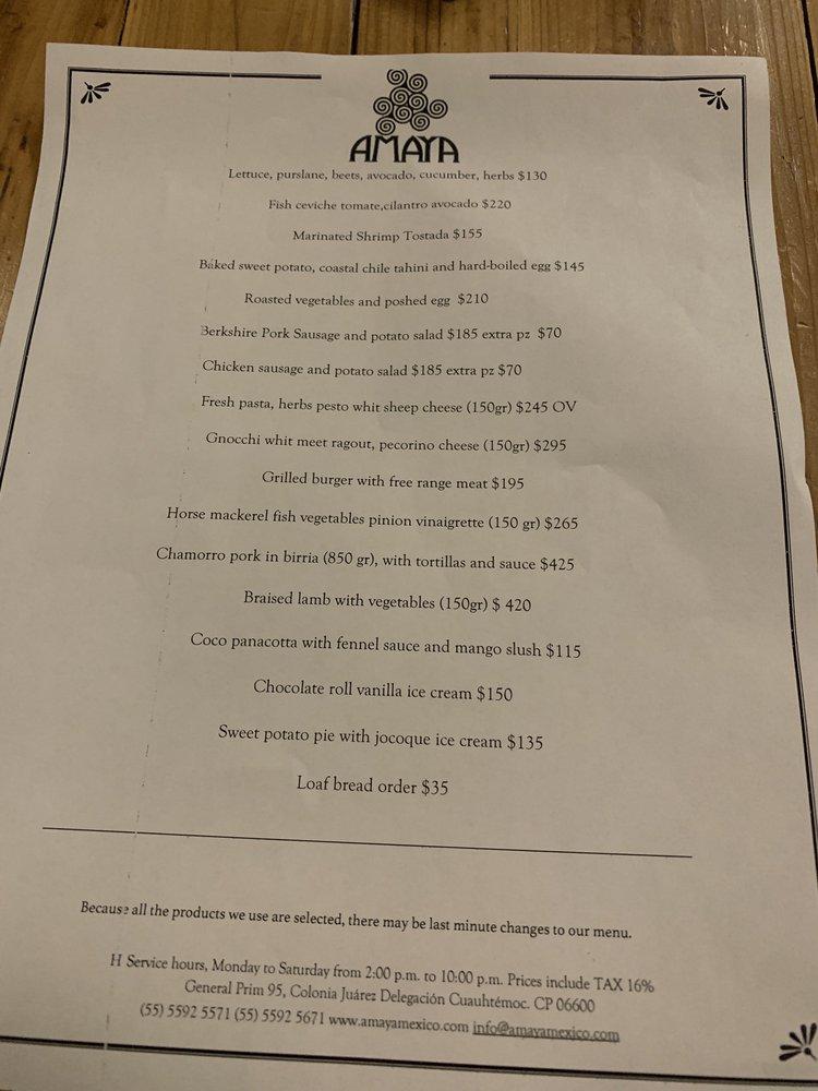 Menu at Amaya pub & bar, Ciudad López Mateos