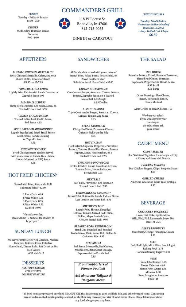 Menu at Commander's Grill restaurant, Boonville