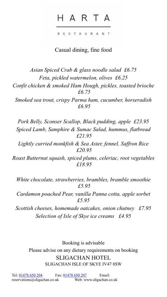 Menu at Harta Restaurant, Sligachan