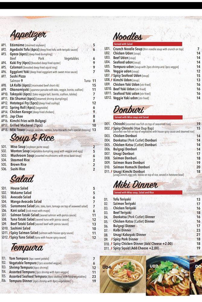 Menu at MiKi sushi restaurant, Markham