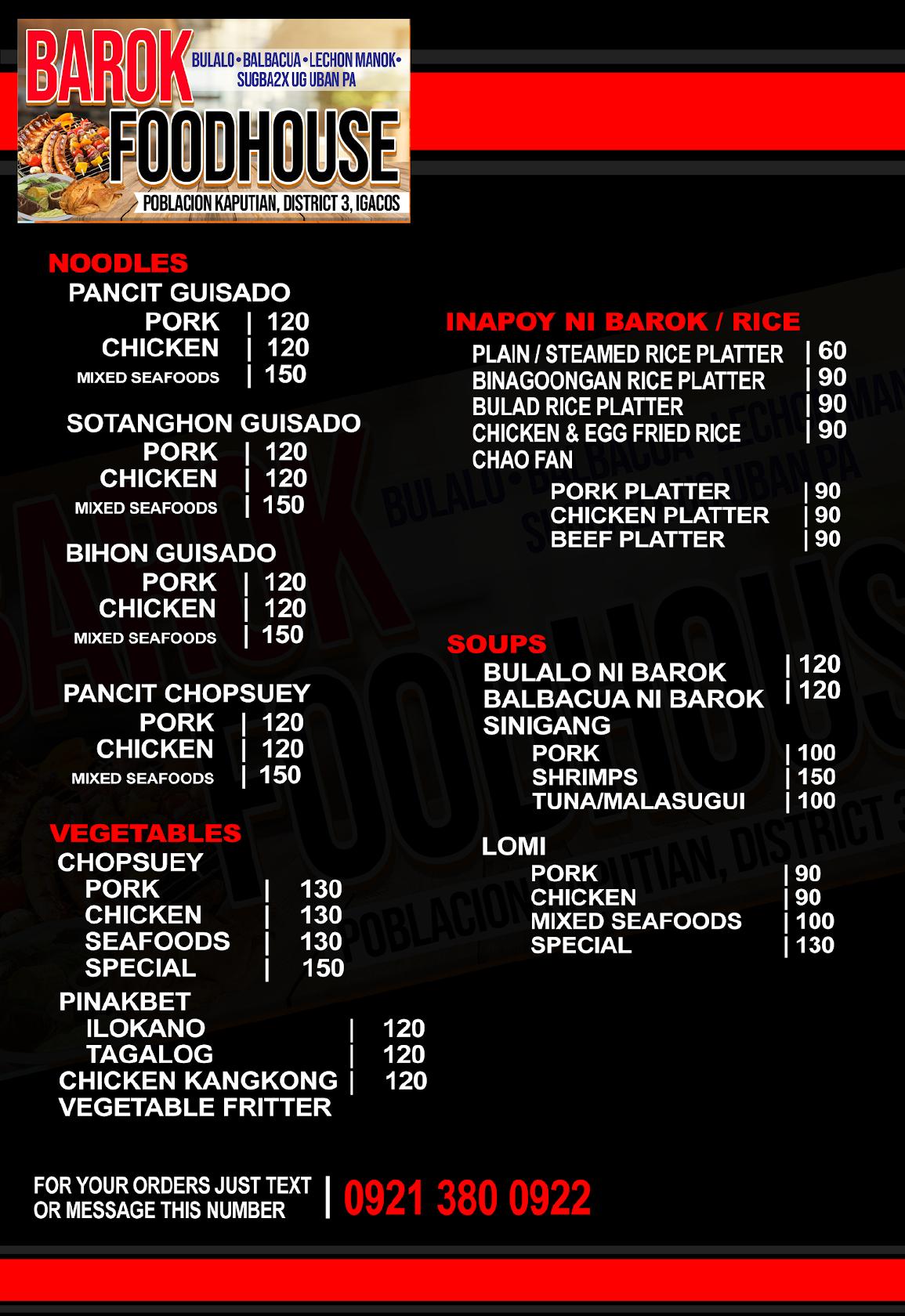 Menu at BAROK's FOODHOUSE, Island Garden City of Samal