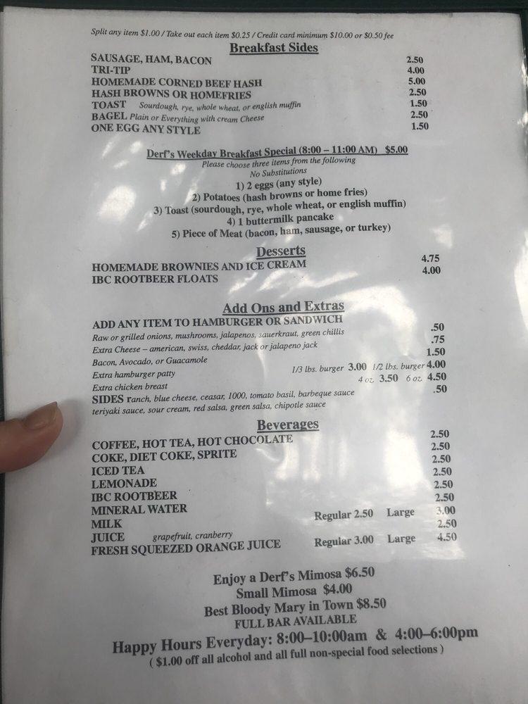 Menu at Derf's Café restaurant, Santa Barbara