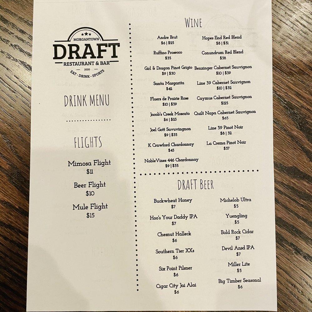 Menu at Draft pub & bar, Morgantown