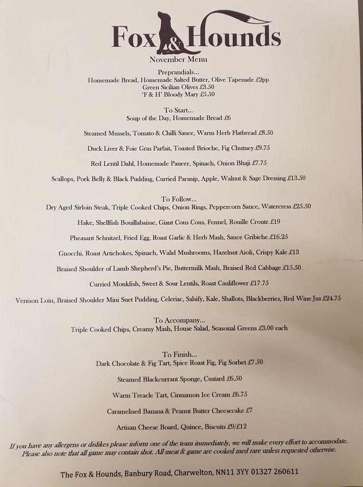 Menu at Fox & Hounds pub & bar, Woodford Halse, Banbury Rd