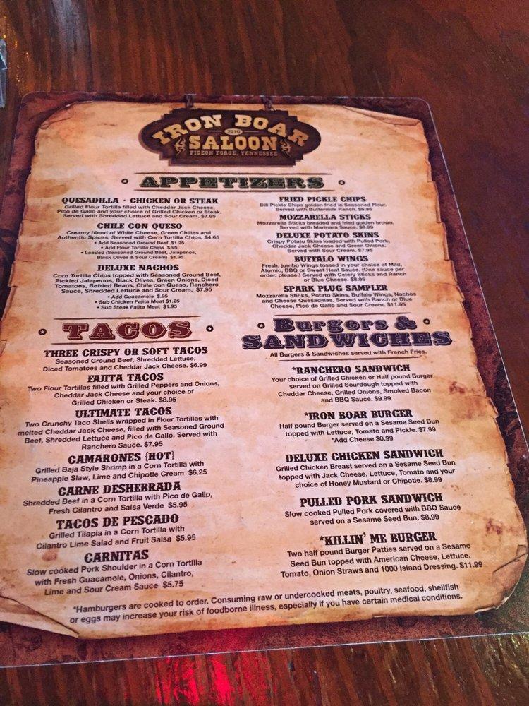 Menu at Iron Boar Saloon pub & bar, Pigeon Forge