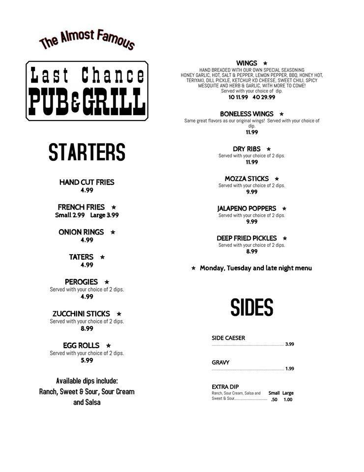 Menu at Last Chance Pub and Grill, Tofield