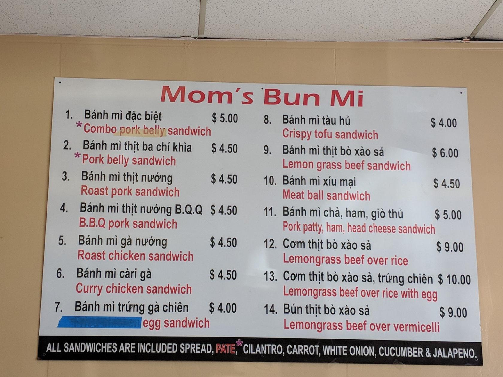 Menu at Mom's Bun Mi restaurant, Oakland