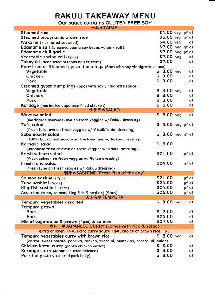 Menu at Rakuu restaurant, Ballina