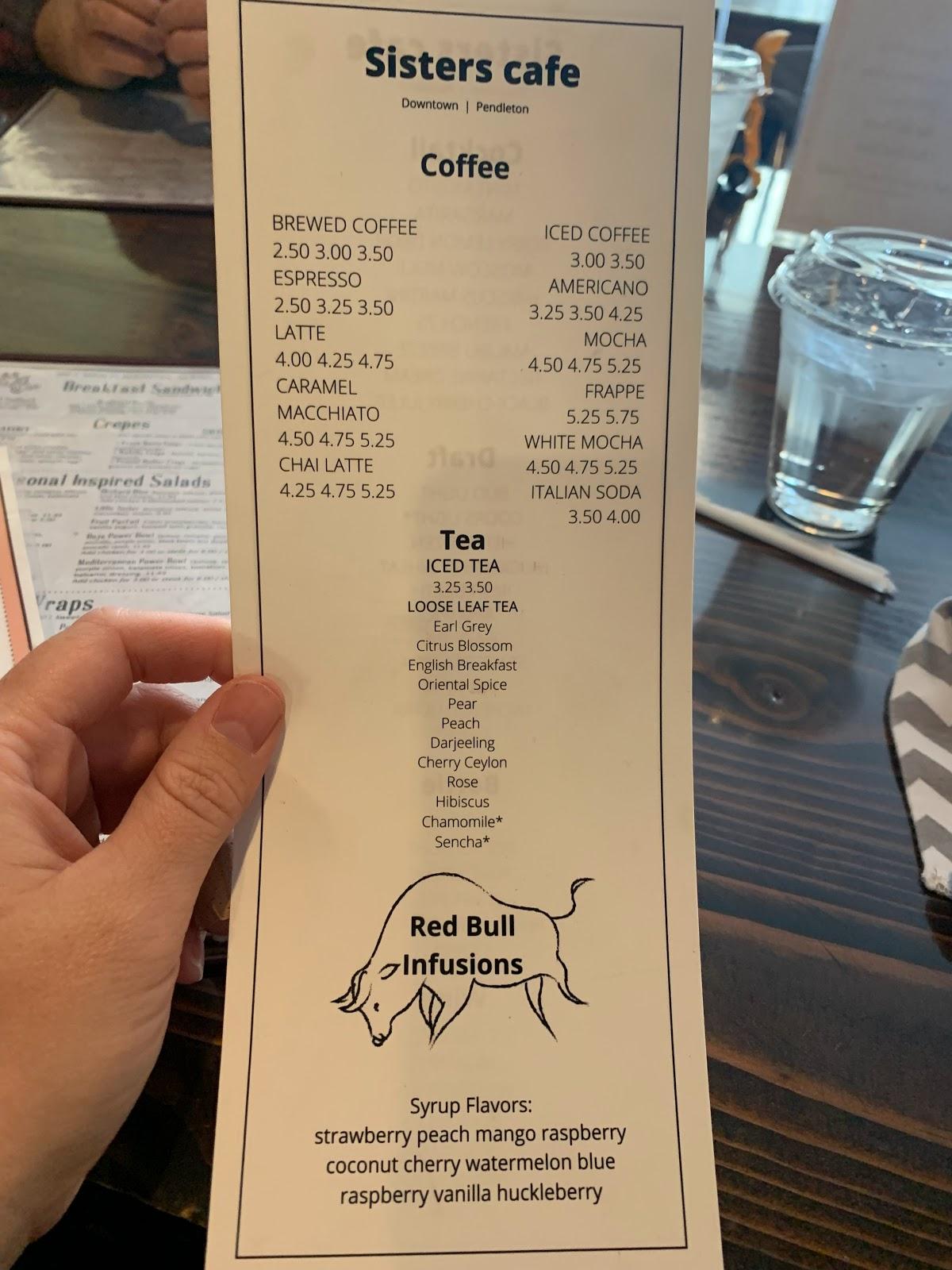 Menu at Sister's Cafe, Pendleton