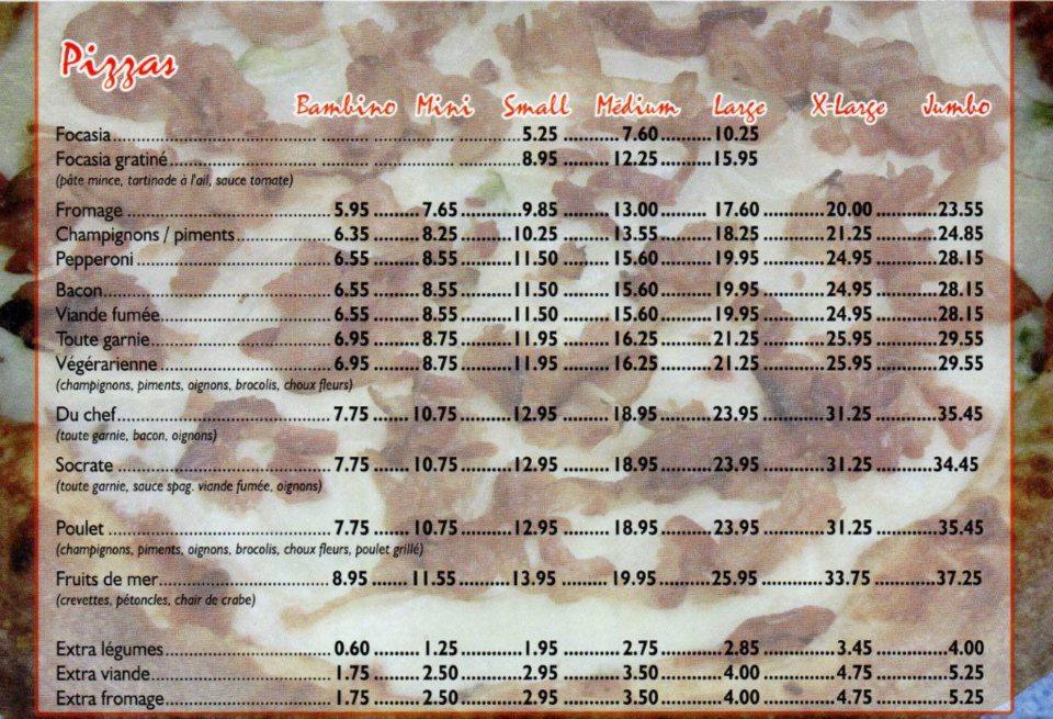 Menu at Socrate pizzeria, Shawinigan