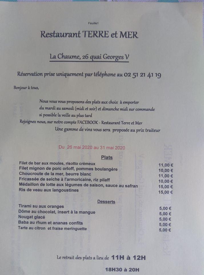 Menu au Terre et Mer restaurant, Les Sables-d'Olonne