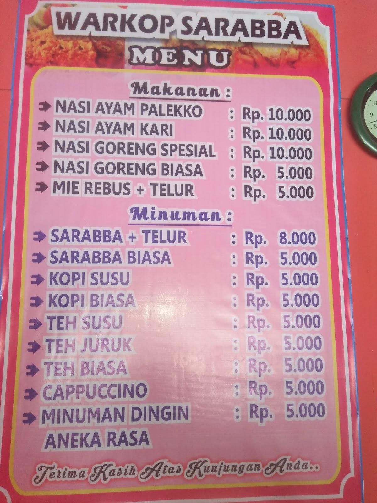Menu at Warkop Sarabba cafe, Bulete, 7CM6+XCG