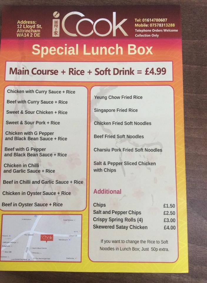 Menu at iCook fast food, Altrincham