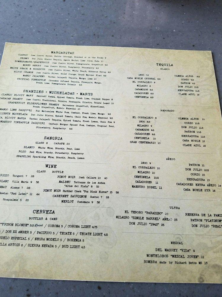 Menu at Blanco Cocina + Cantina pub & bar, Tucson