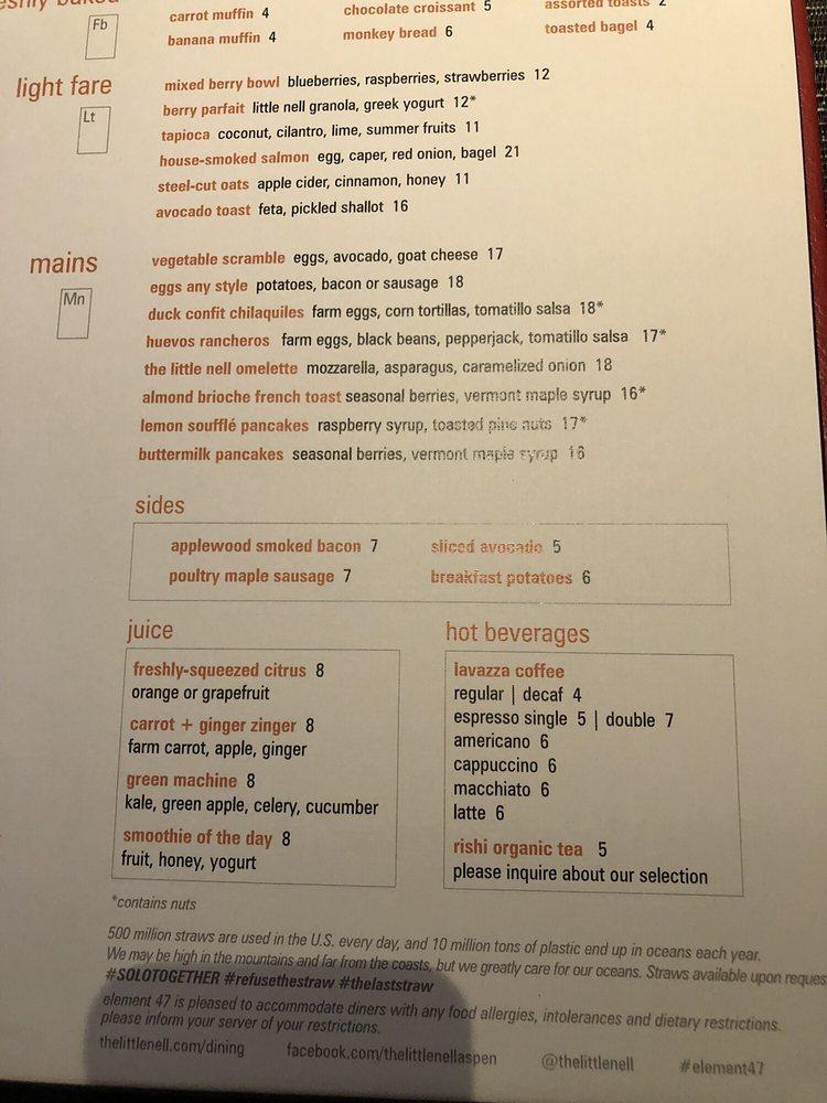 Menu at Element 47 pub & bar, Aspen
