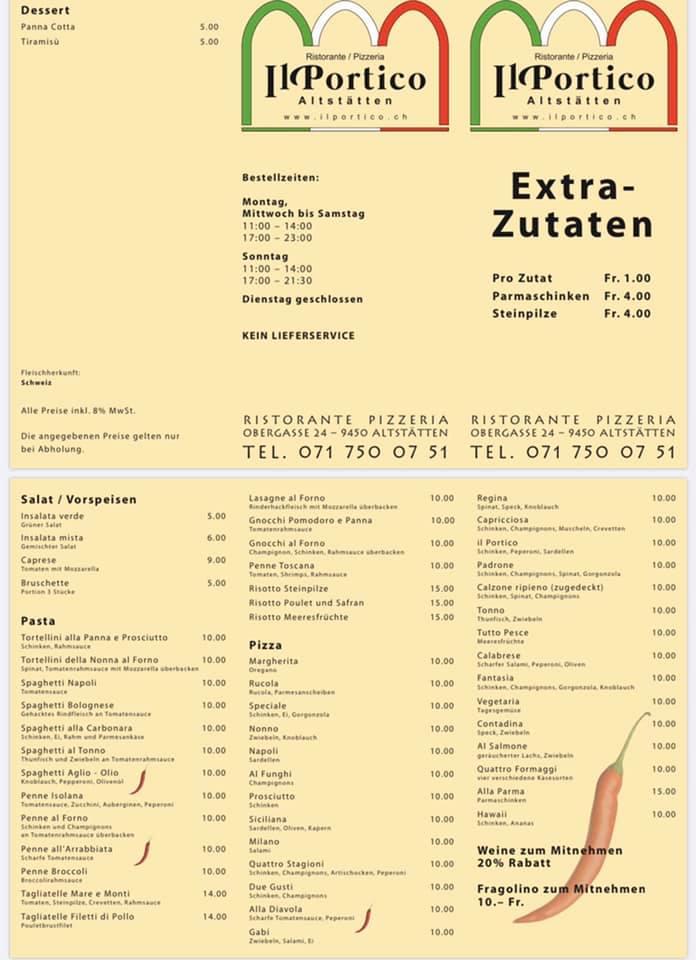 Menu at Pizzeria Il Portico, Altstätten
