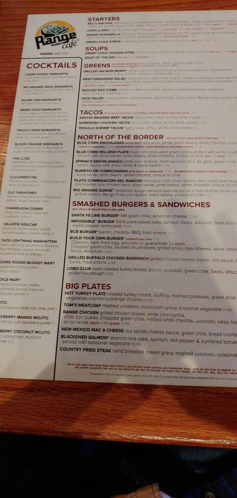 Menu at Range Café Wyoming restaurant, Albuquerque, Wyoming Blvd NE