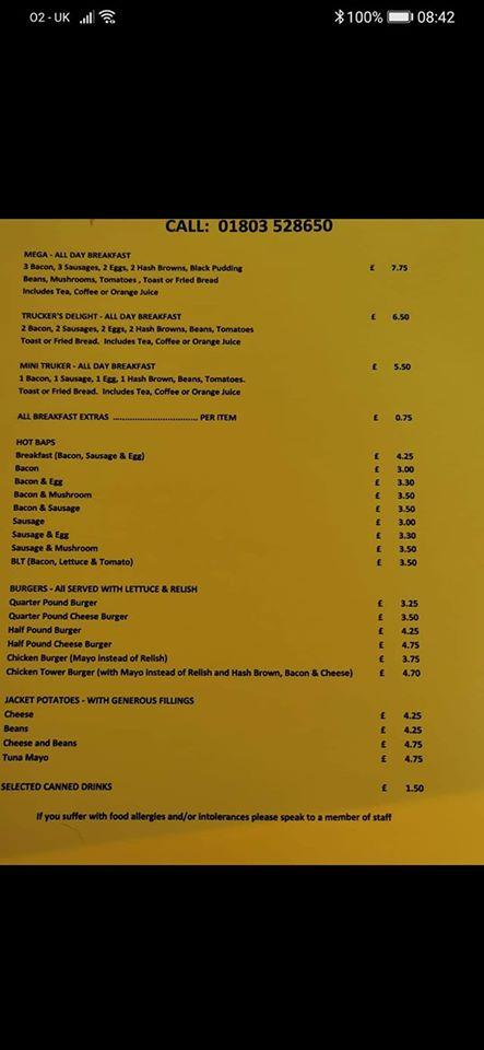 Menu at Sunshine Cafe, Paignton