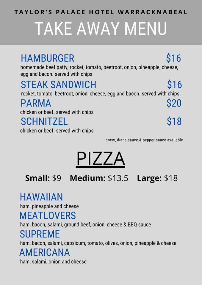 Menu at Taylor's Palace Hotel, Warracknabeal