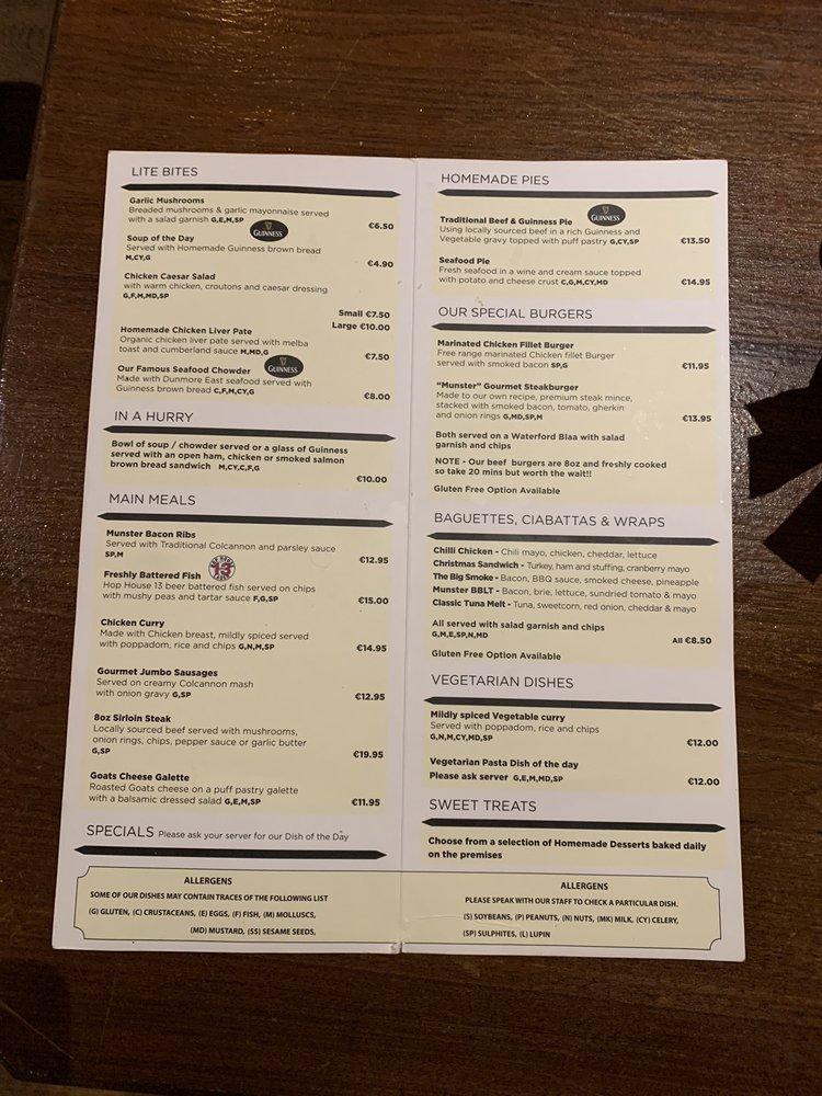 Menu at The Munster Bar, Waterford, 14 Bailey's New St