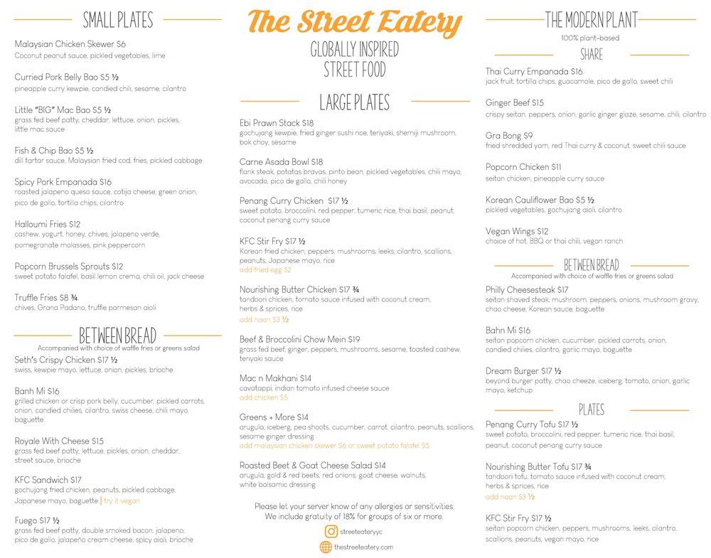 Menu at The Street Eatery restaurant, Calgary
