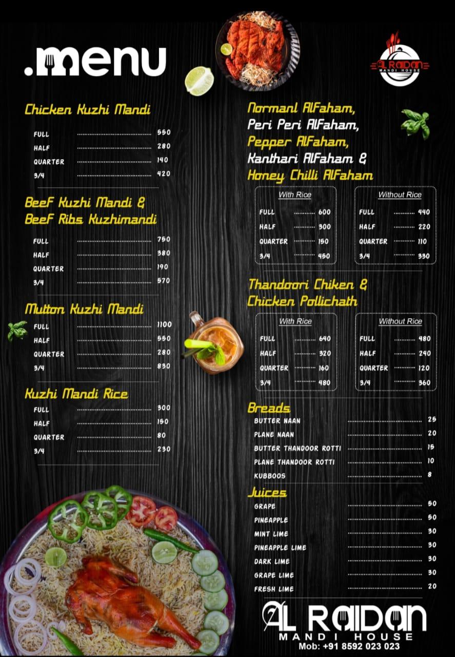 Menu at Al Raidan Mandi House Edappal, Edappal