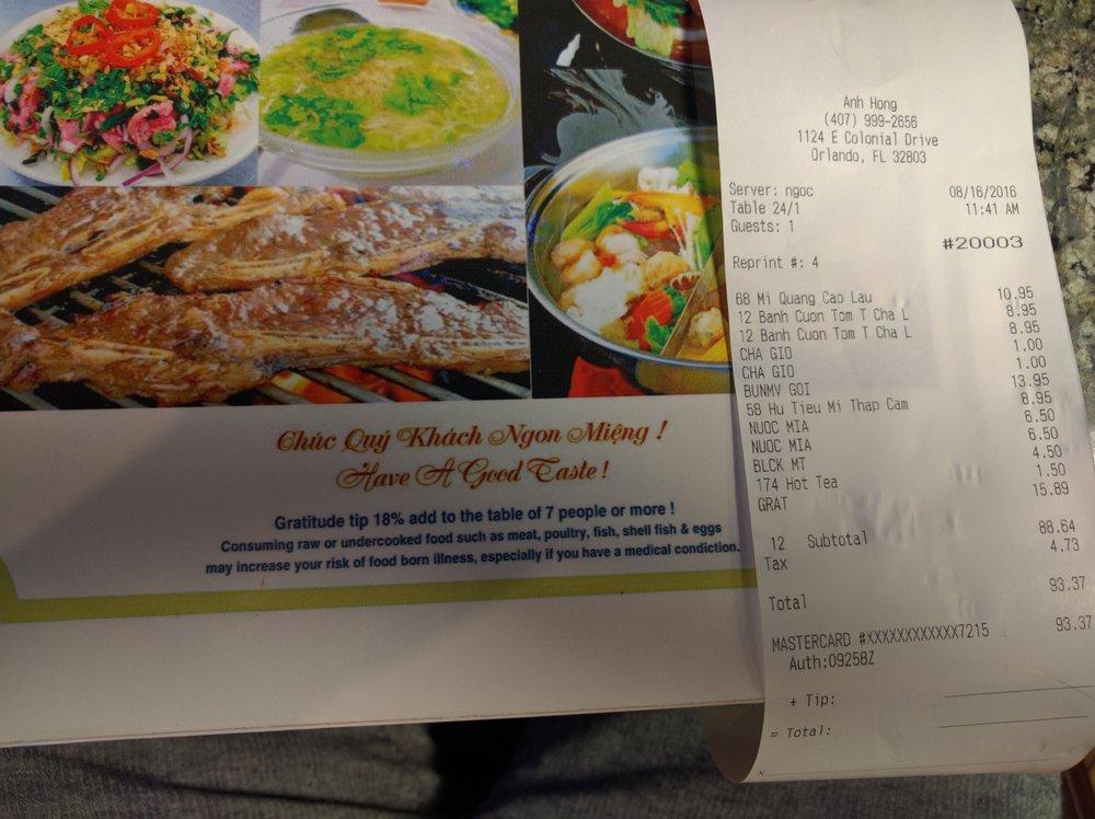 Menu at Anh Hong Restaurant, Orlando