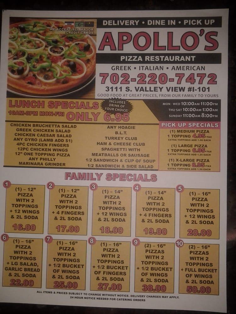 Menu at Apollo's Pizza pizzeria, Las Vegas