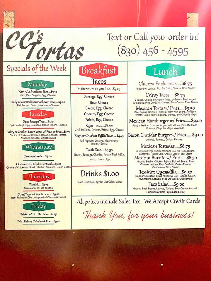 Menu at CC’s Tortas restaurant, Fredericksburg
