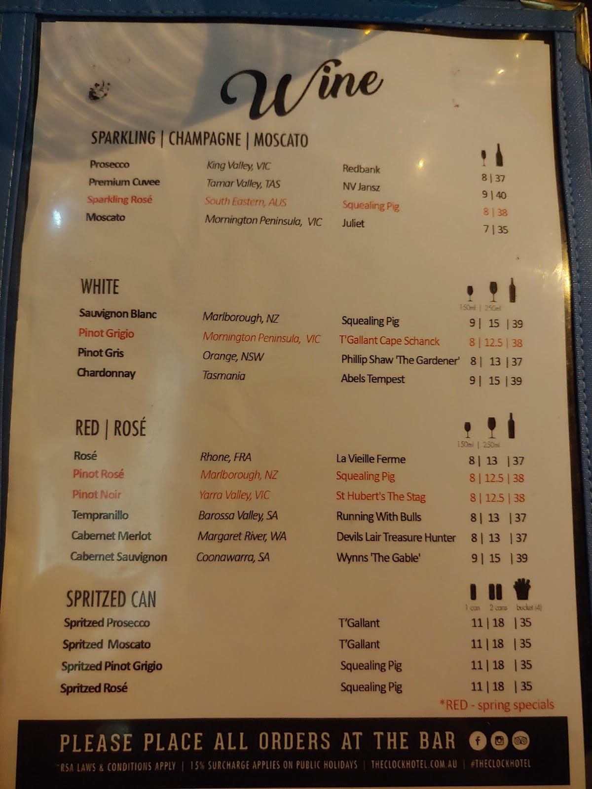 Menu at Clock Hotel restaurant, Surfers Paradise