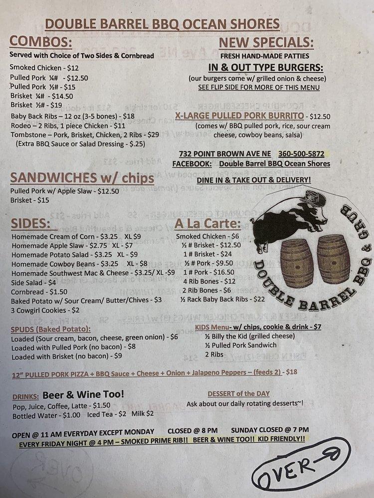 Menu at Double Barrel BBQ, Ocean Shores
