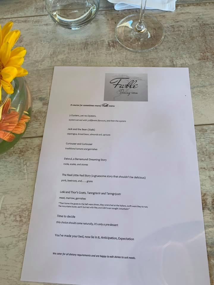 Menu at FABLE DINING ROOM restaurant, Chirnside Park