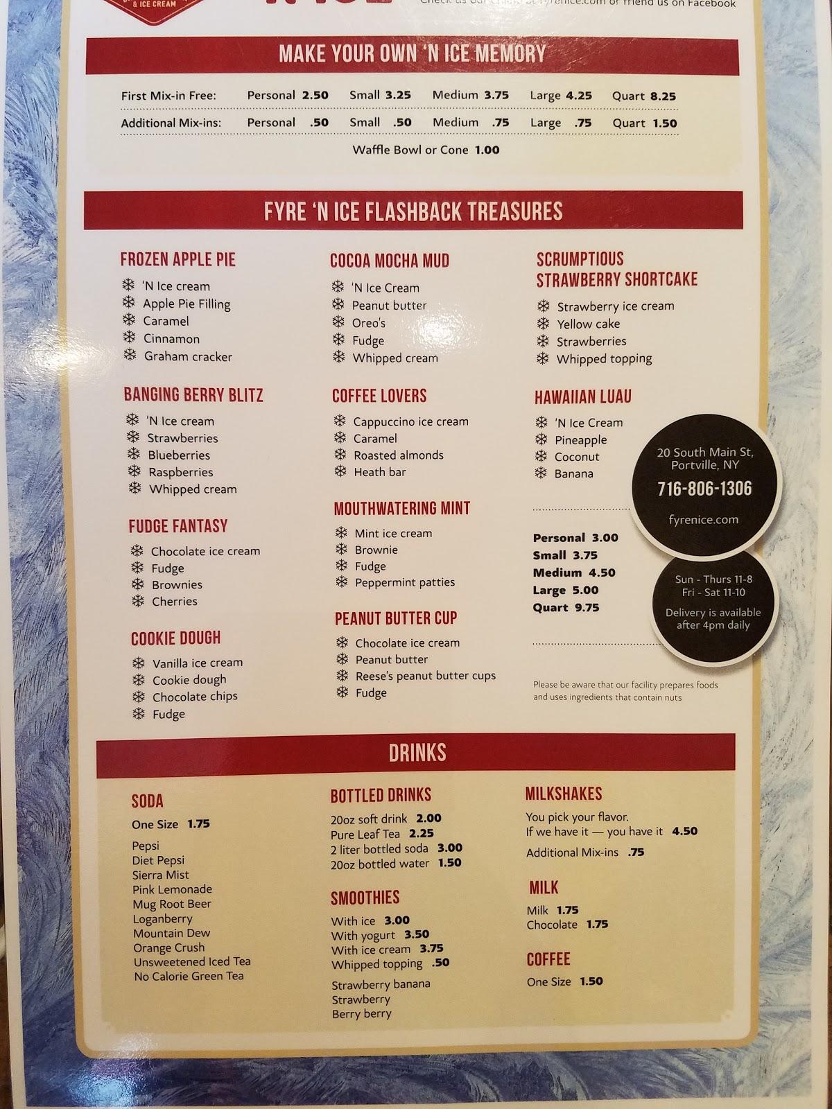 Menu at Fyre 'N Ice pizzeria, Portville