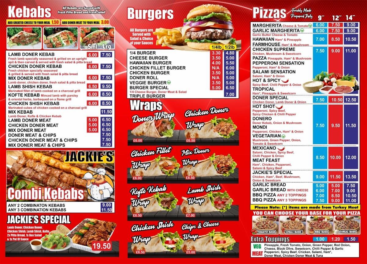 Menu at Jackie's Kebab House fast food, Old Colwyn