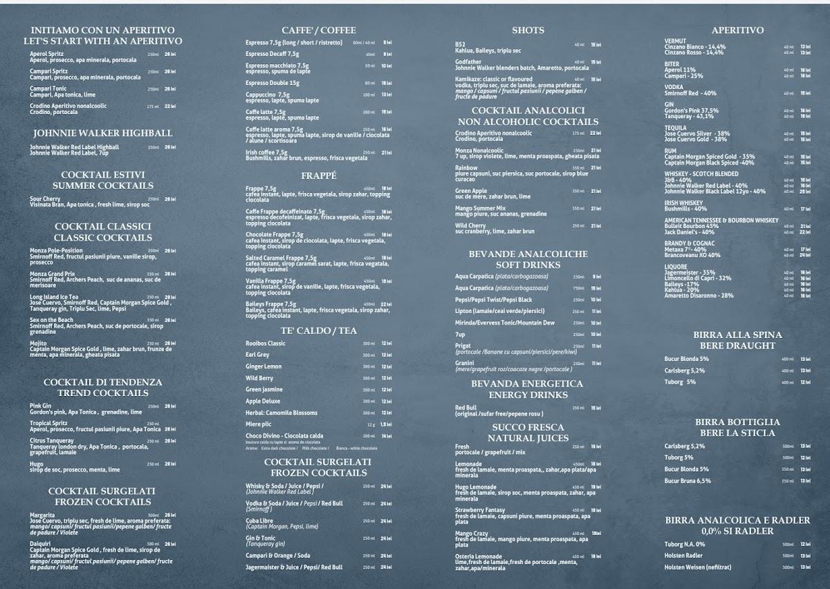 Menu at Osteria Monza, Bucharest