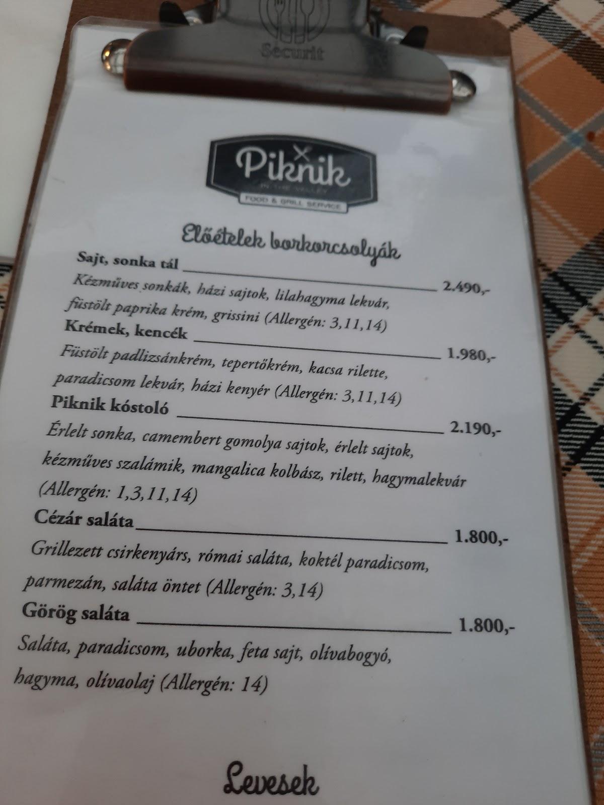 Menu at Piknik Étterem restaurant, Eger