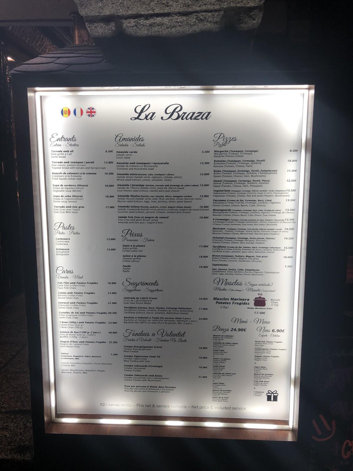 Menu at RESTAURANT LA BRAZA, El Pas de la Casa