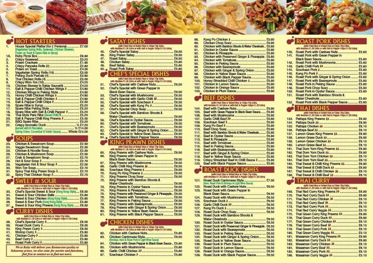 Menu at Ruby Chinese & Thai fast food, Barrow-in-Furness