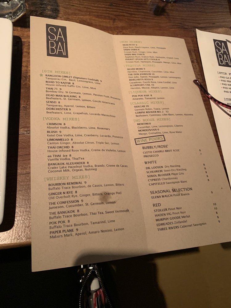 Menu at Sabai Cafe & Bar, Eugene