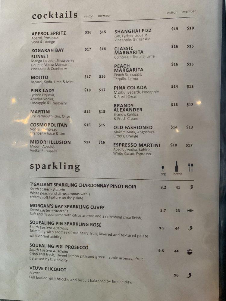 Menu at St George Motor Boat Club, Sans Souci
