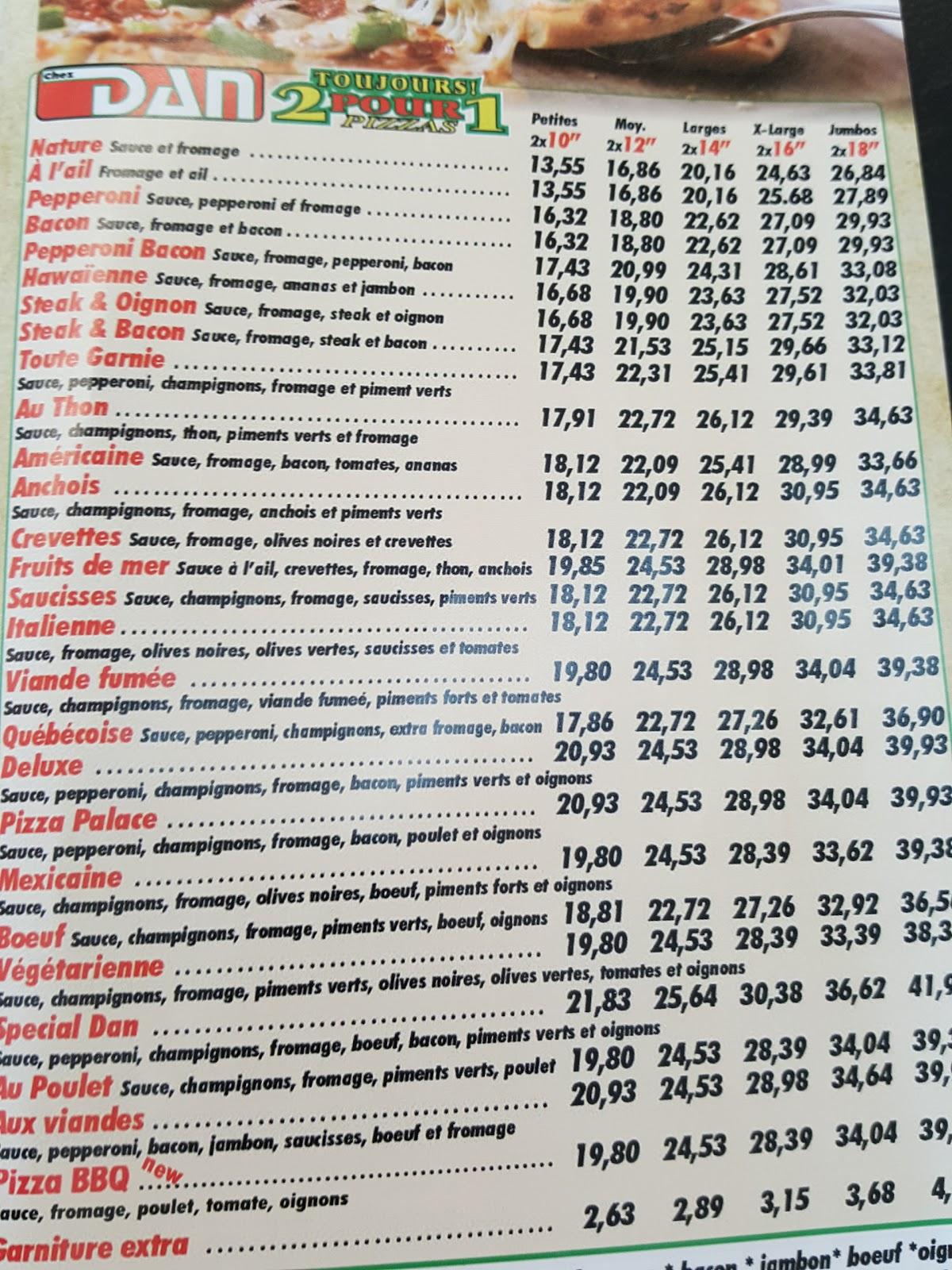 Menu au Chez Dan Pizzéria Toujours 2 pour 1 pizzeria, Rimouski