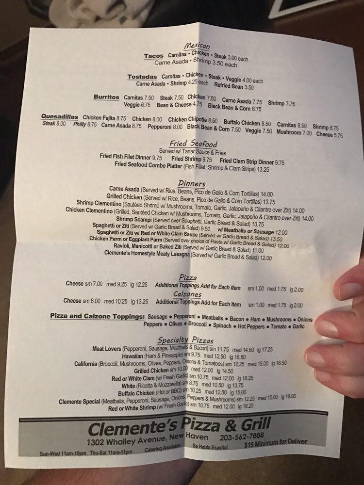Menu at Clemente's Pizza & Grill pizzeria, New Haven