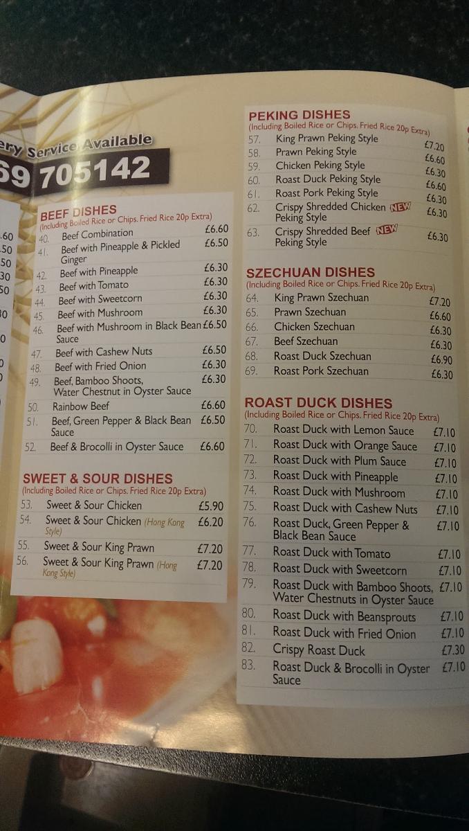 Menu at Hong Kong Carry Out fast food, Dunoon