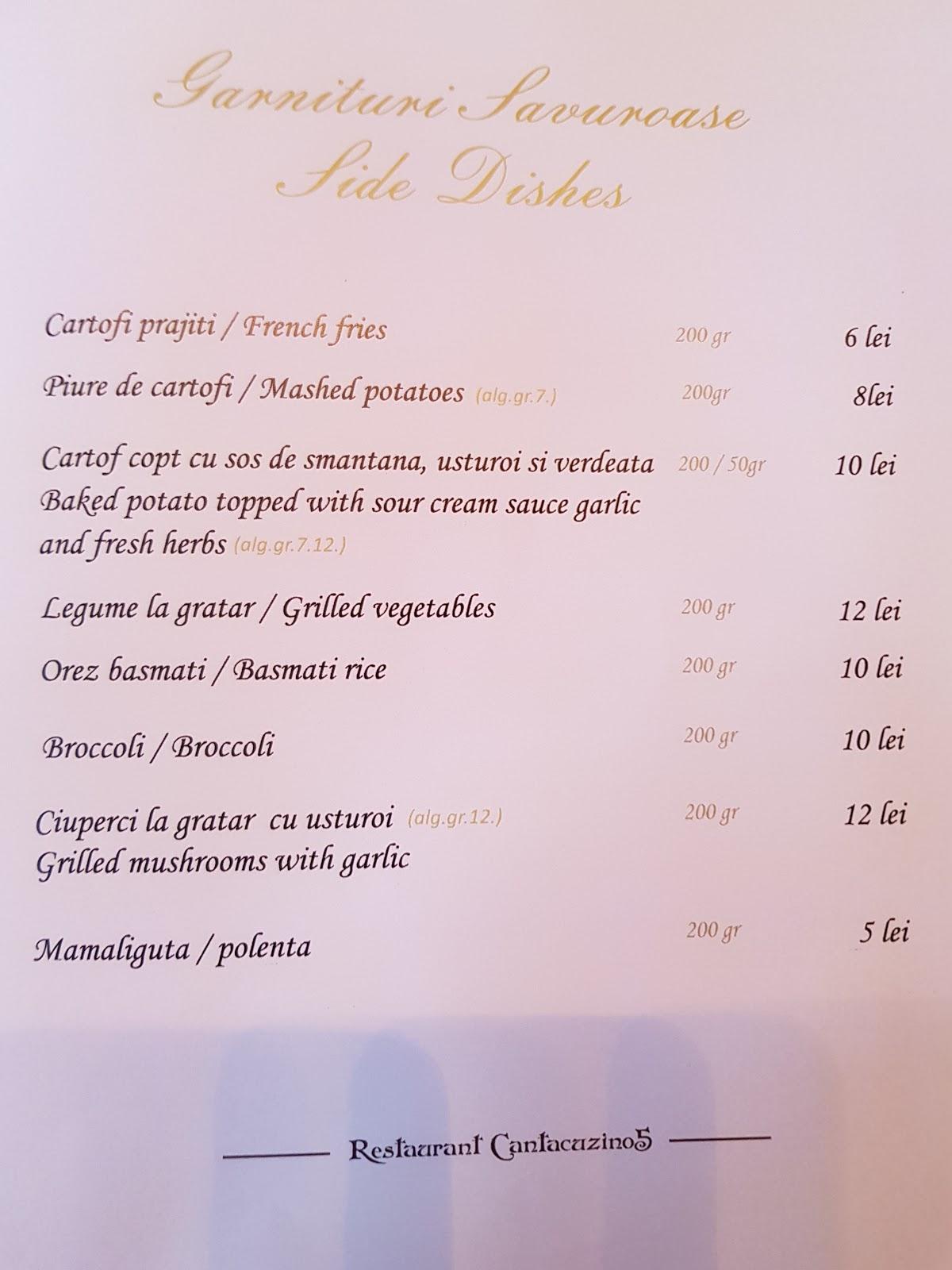 Menu at Vila Camelia, Sinaia