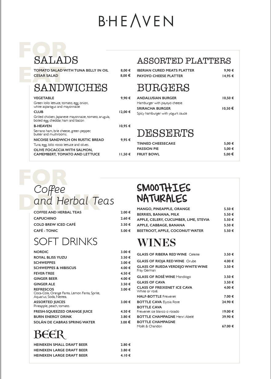Menu at B-Heaven Relax & Ambience restaurant, Málaga
