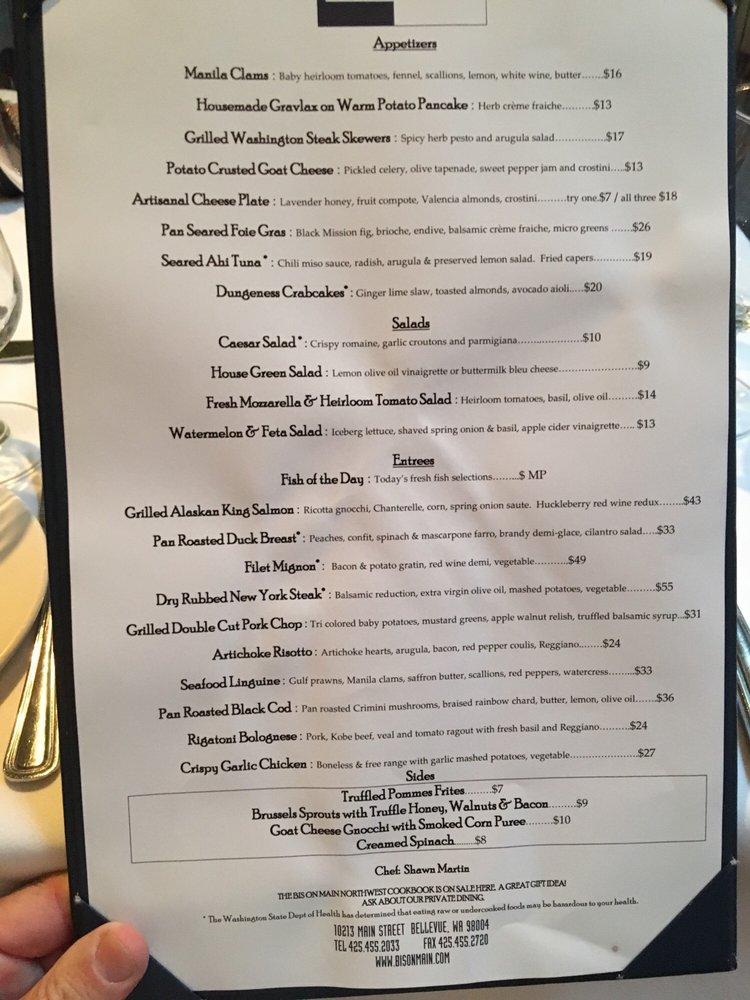 Menu at Bis on Main pub & bar, Bellevue
