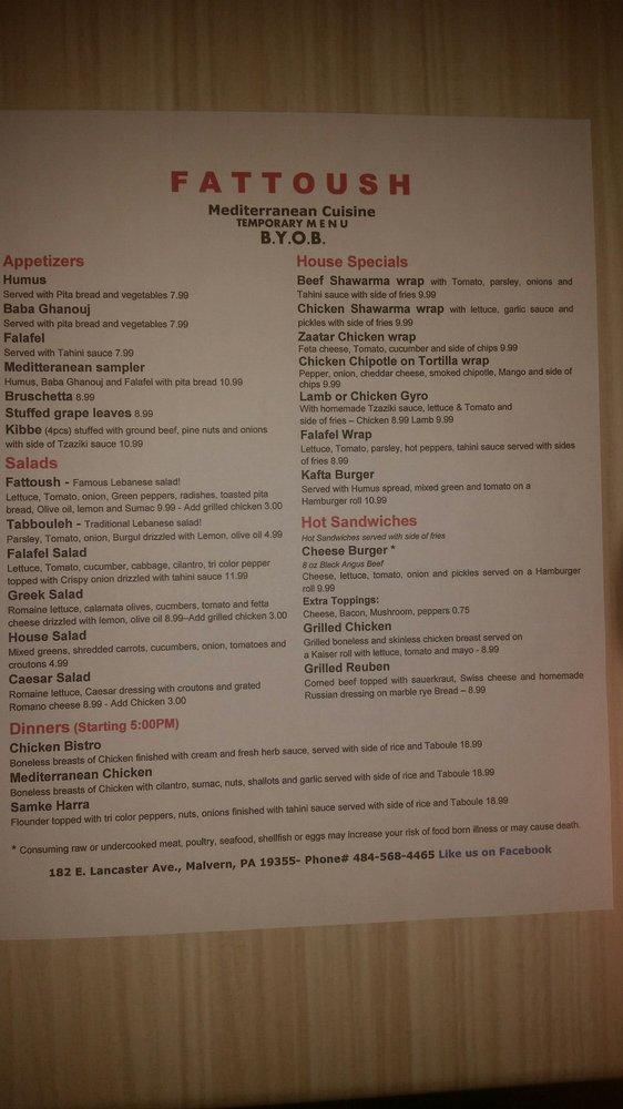 Menu at Fattoush Mediterranean Cuisine restaurant, Malvern